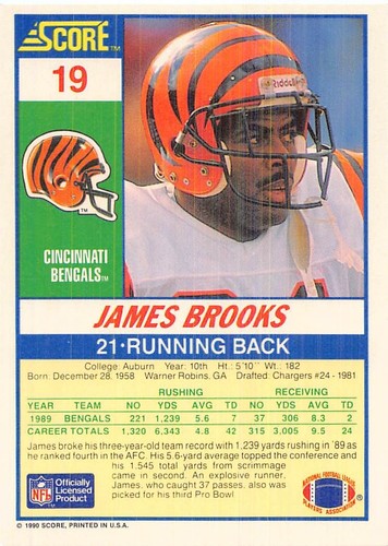 James Brooks 1990 Score 19 Cincinnati Bengals Football Card | eBay