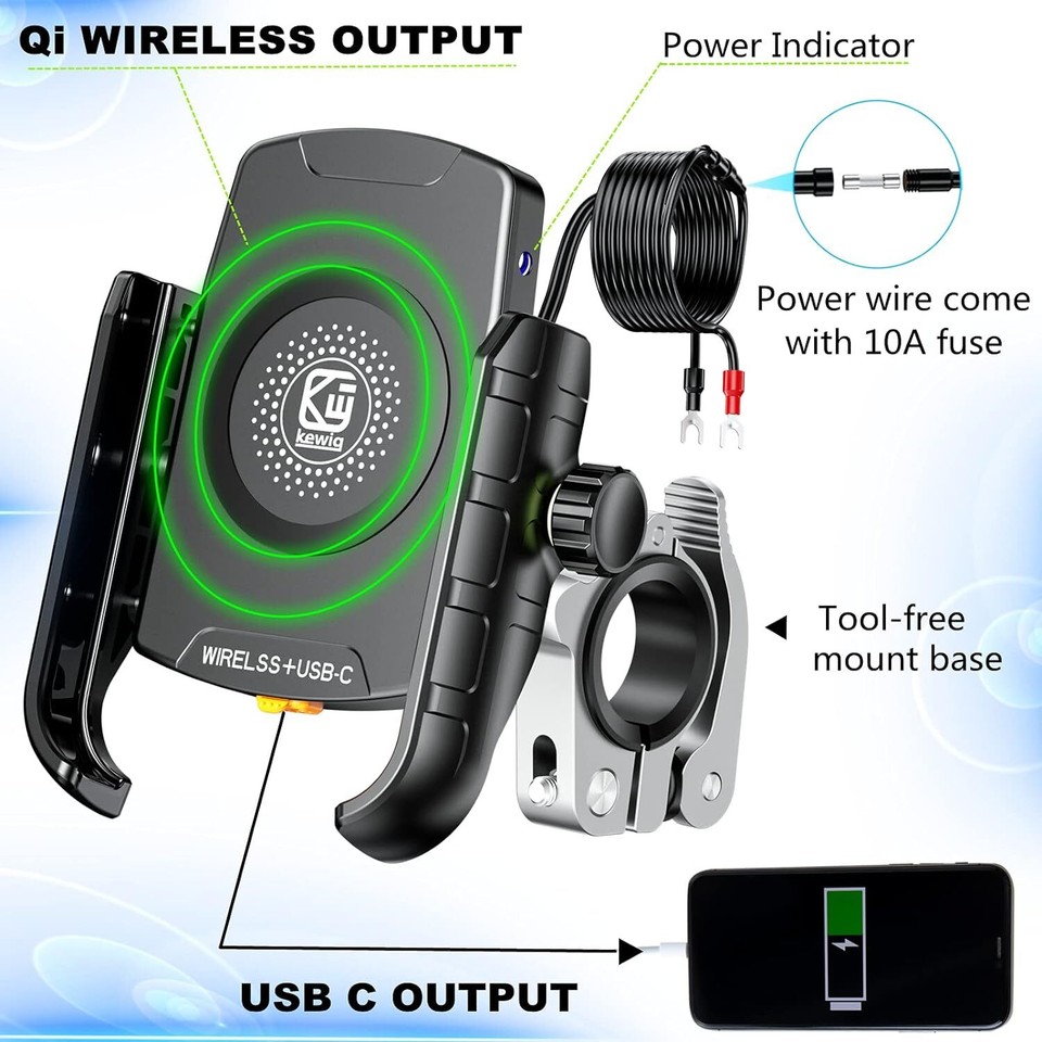 Kewig Motorcycle Phone Mount with Wireless 15W & USB C 20W Dual Black ...