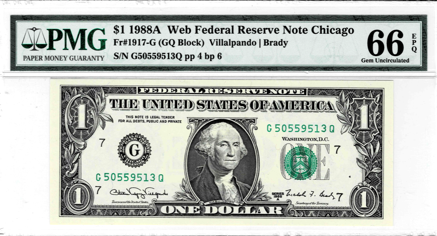 1988a $1 Federal Reserve 'WEB' Note- GQ block--run 8 (combo 4/6) -PMG ...