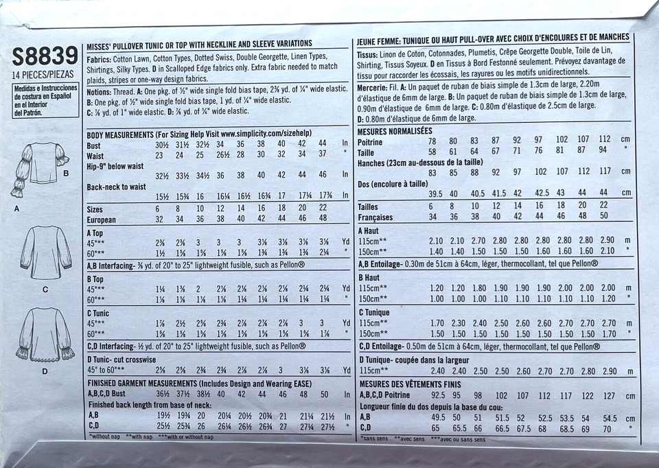 Simplicity Pattern S8839 Misses Pullover, Sleeve/Neck Variations Sizes: 14-22 | eBay