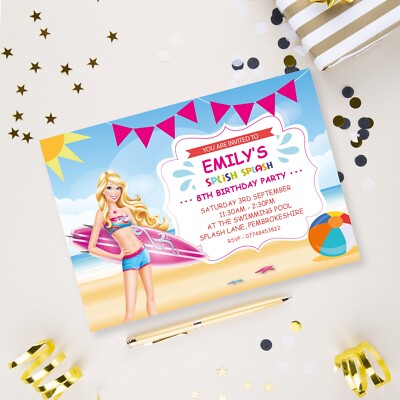 Barbie Beach Pool 10 Personalised Birthday Party Invitations | eBay