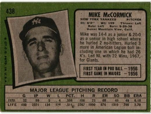 1971 Topps # - 438 - MIKE McCORMICK - NEW YORK YANKEES - EX/EXMT - SET ...
