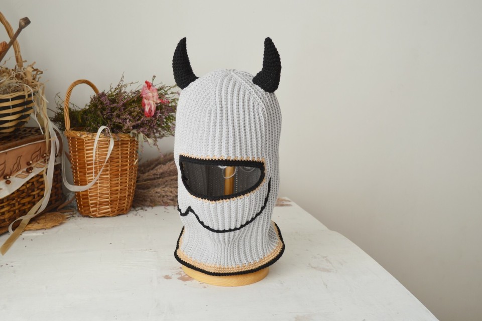 Devil knitted balaclava ski mask with horns men women Custom beanie hat ...