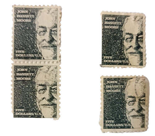 JOHN BASSETT MOORE $5.00 STAMPS, SET OF 4, A DOUBLE & 2 SINGLES, SCOTT ...
