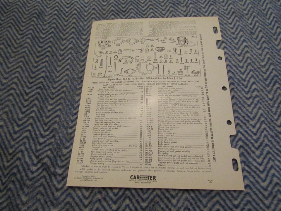 HOLLEY CARBURETOR DATA SPEC CHART 1933 - 1938 PLYMOUTH NO BBR1-439S | eBay