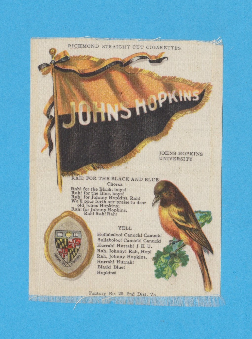 1910s S23 tobacco silk JOHNS HOPKINS UNIVERSITY MASCOT cheer silk | eBay