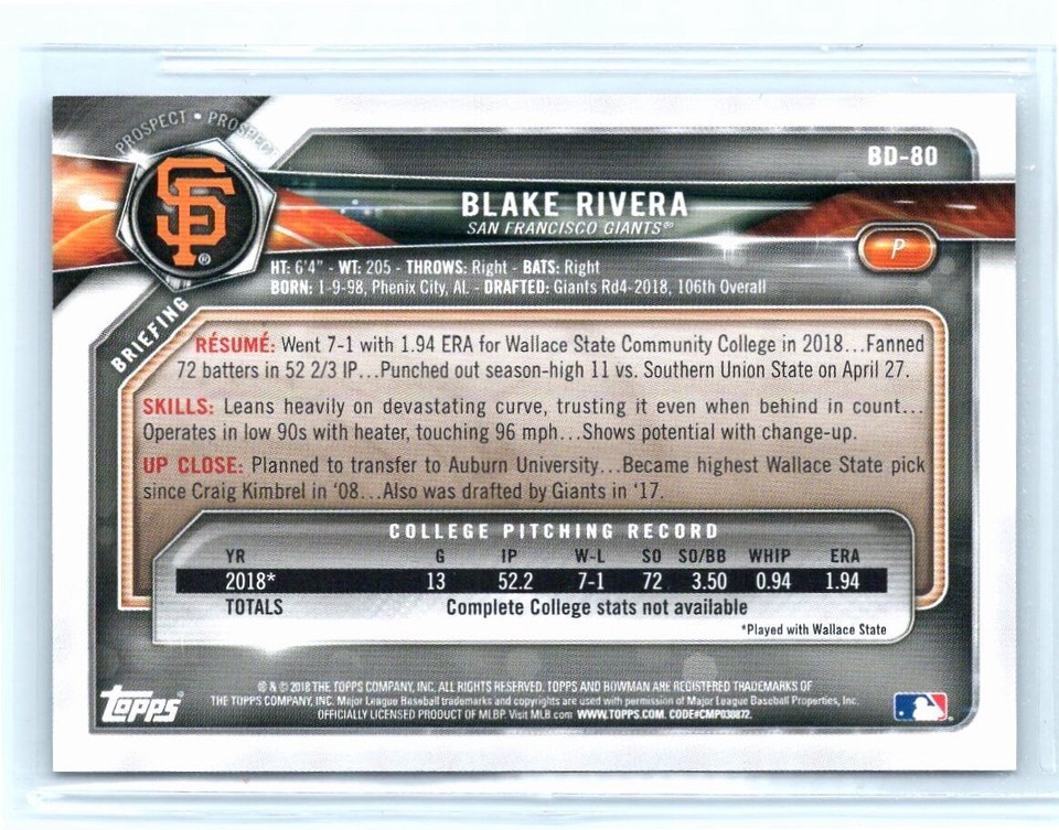 2018 Bowman Draft #BD-80 Blake Rivera Blue #/150 | eBay