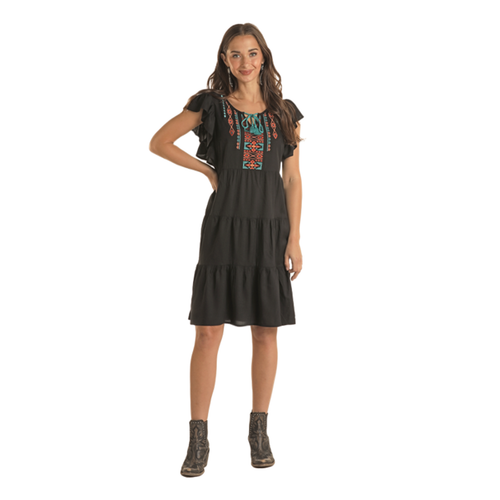 Rock & Roll Denim Ladies Tiered Ruffle Black Dress LWD1R03408 | eBay