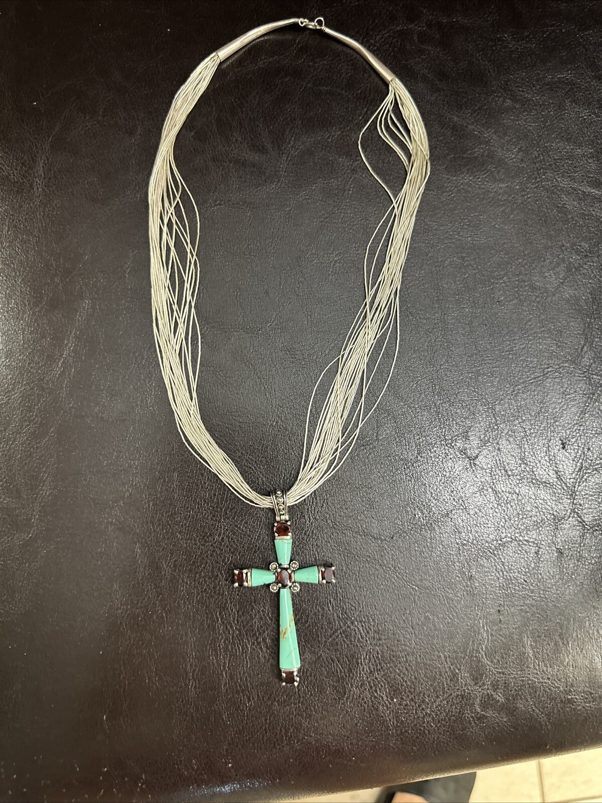 Turquoise Silver Cross On A Silver 20 Strand Liquid S… - Gem