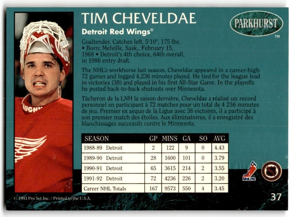 1992-93 Parkhurst Emerald Ice Tim Cheveldae #37 Detroit Red Wings | eBay