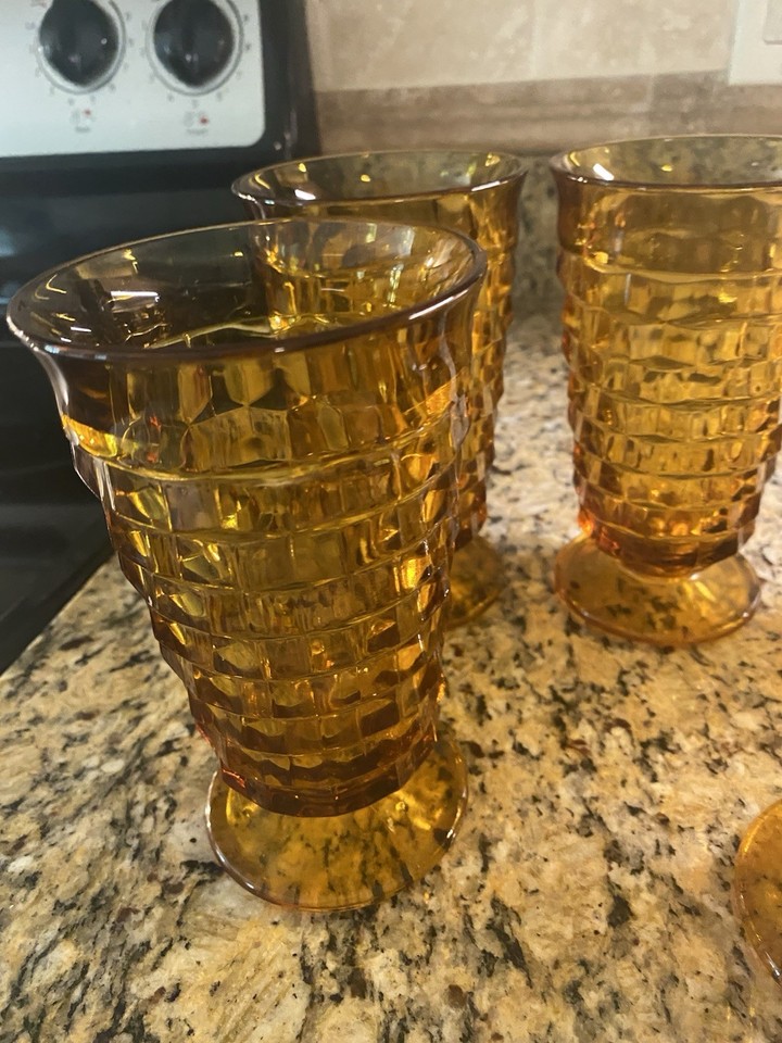 Indiana Colony~Whitehall Amber Cubist Drinking Glasses Set of 6 Vintage ...