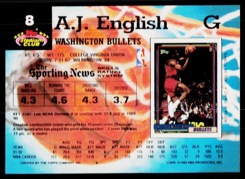 A.J. English, 1992-93 Stadium Club, #8, Washington Bullets, | eBay