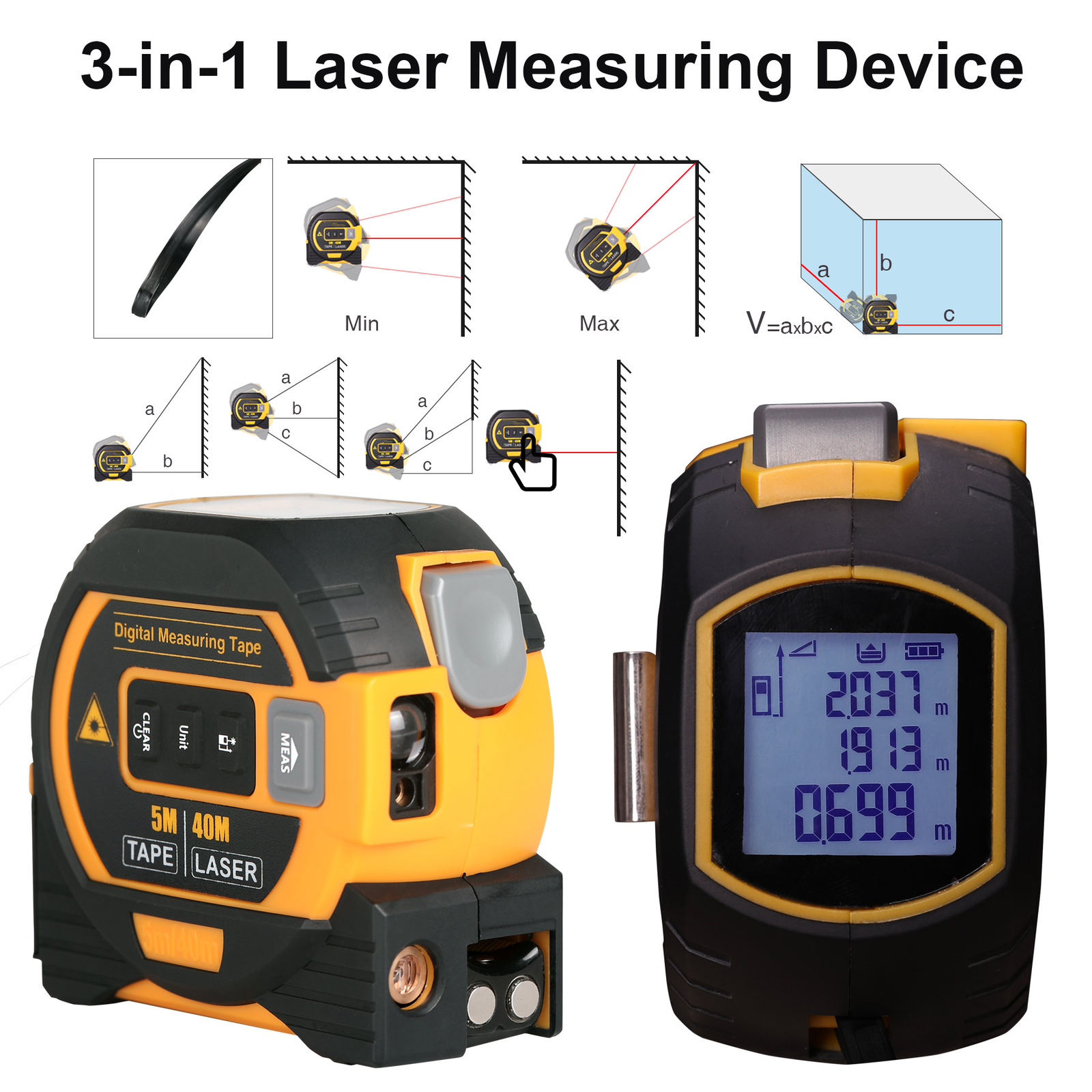 ALL-IN-ONE Laser Tape Measure, Laser Level, Tape, Distance Measuring ...