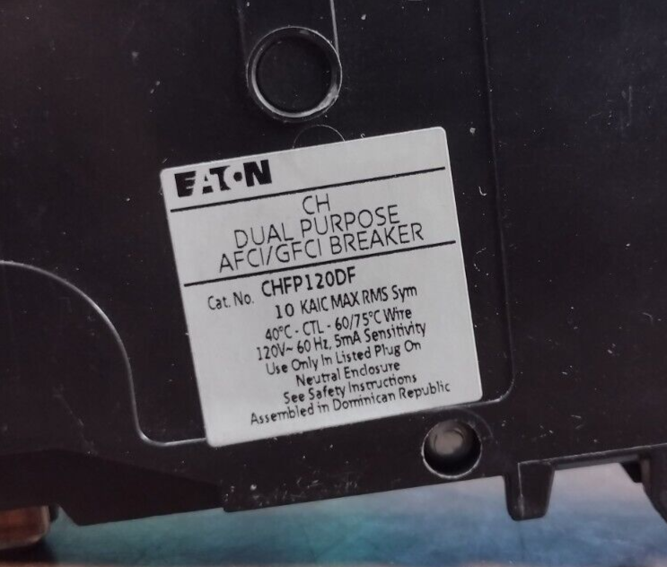 EATON CHFP120DF CIRCUIT BREAKER 20 AMP 120/240 VOLT 1-POLE AFCI/GFCI ...