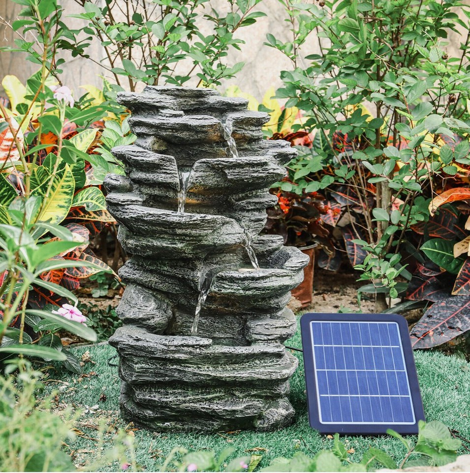 Solar Powered Garden Water Feature with LED Lights Cascade Water ...