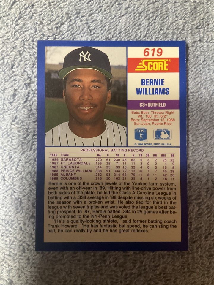 BERNIE WILLIAMS YANKEES 1990 SCORE Rookie Card #619 REALLY NICE !! | eBay