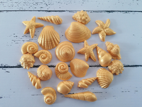 24 Edible Sugar Icing Sea Shells Gold Shimmer Beach Cupcake Toppers ...