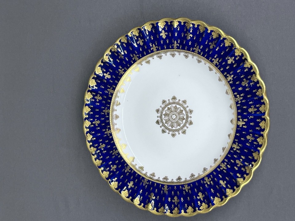 Antique Copeland Spode Fleur de Lys Lis 8 1/2" Cobalt & Gold Scalloped ...