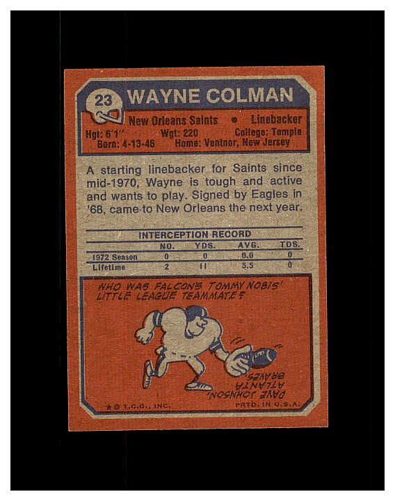 1973 Topps Wayne Colman #23 New Orleans Saints Rookie NR.MINT/MT. | eBay