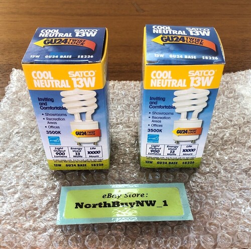 x2 Satco CFL Mini Spiral LIGHT BULB 13w COOL White ENERGY SAVER 3500K ...