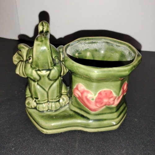 Vintage Glazed Majolica Trunk Up Elephant Planter Holder- Green. | eBay