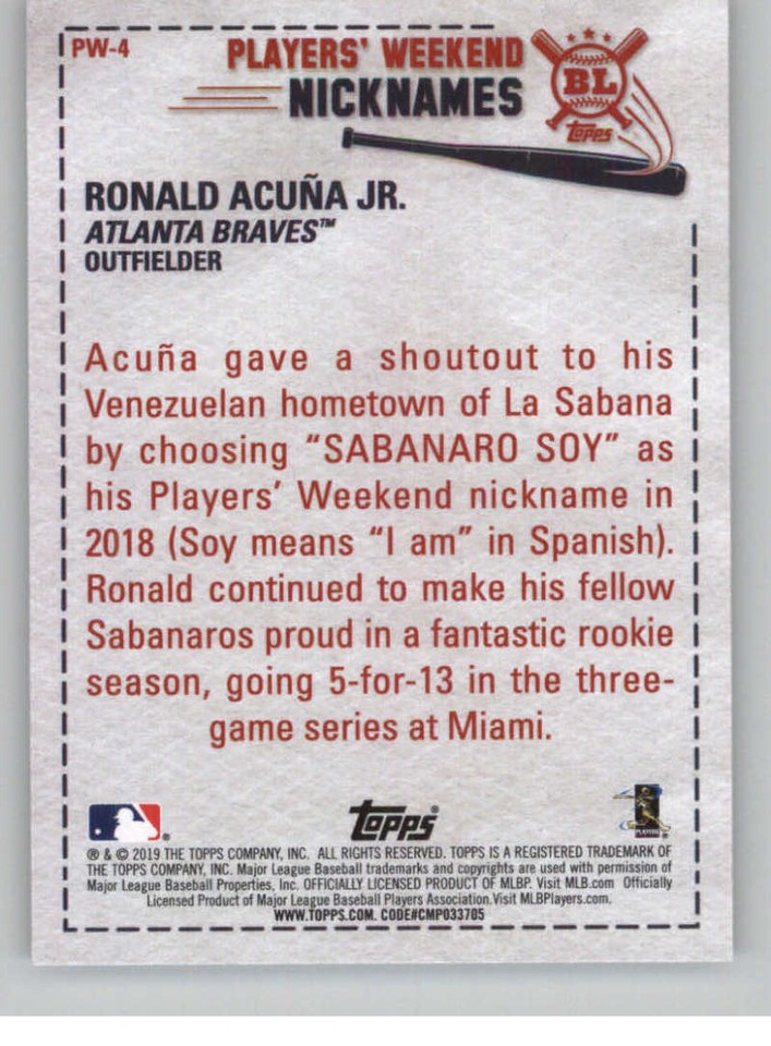 2019 Topps Big League Players Weekend Nicknames #PW-4 Ronald Acuna Jr ...