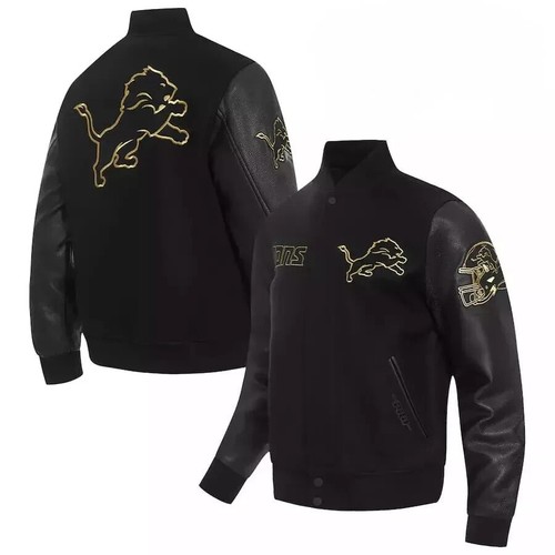 NFL Detroit Lion Black Classic Wool/Leather Sleeves Lettermen Varsity ...