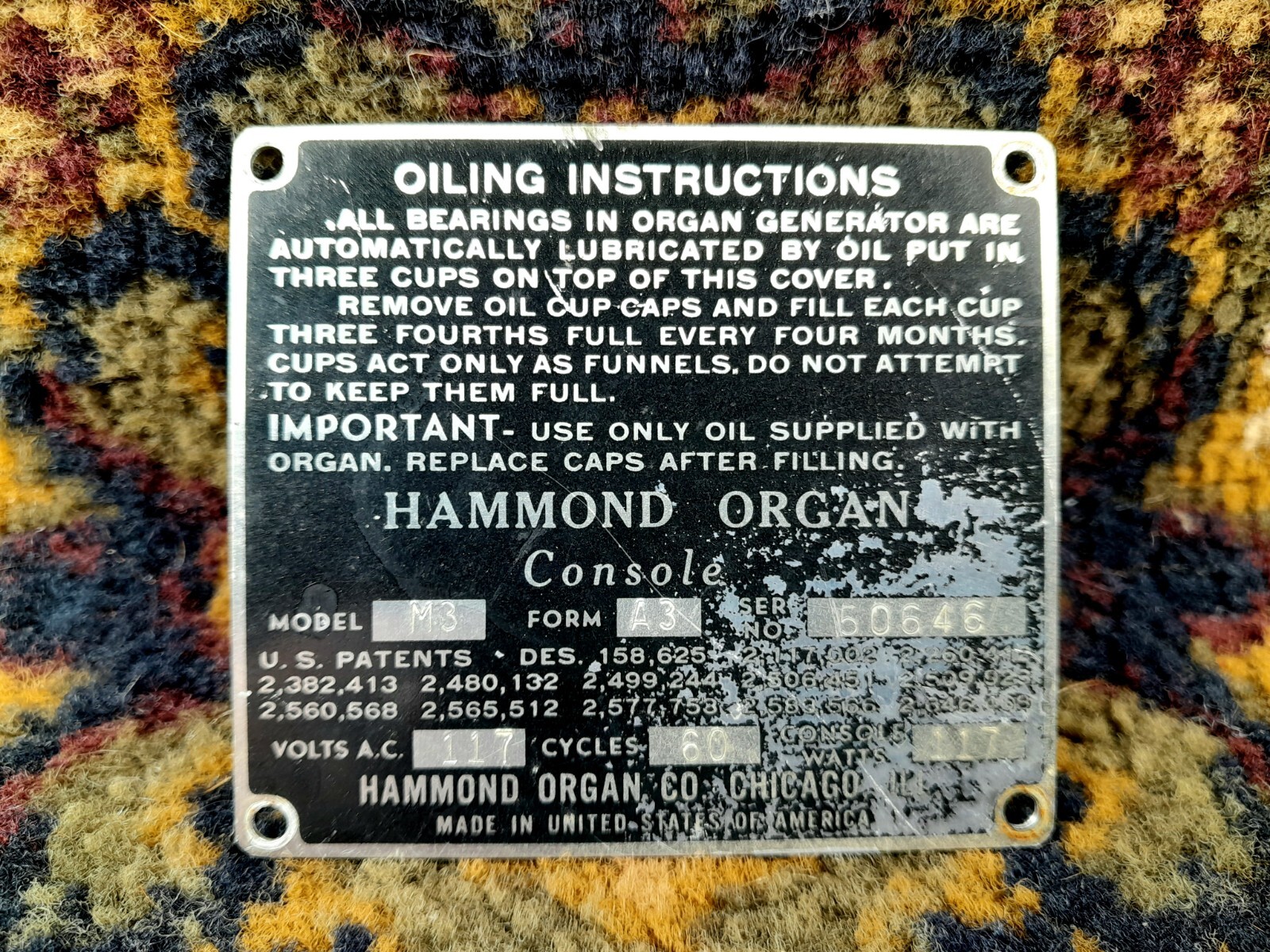 Vintage HAMMOND Organ Model & Serial No. Plate Model M3 Ser. 50646 | eBay