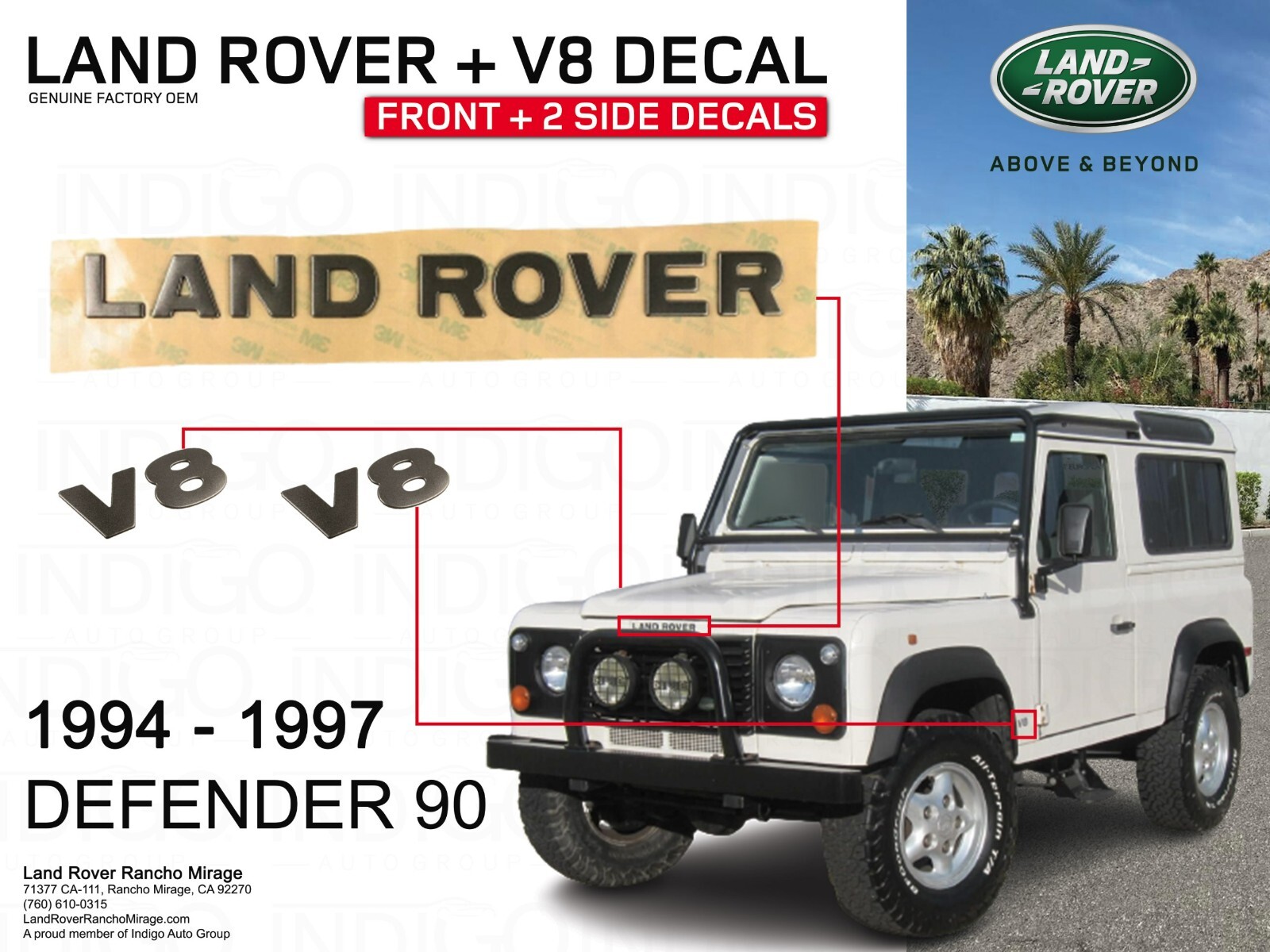 Defender 90 Land Rover + V8 Name Decal Tape Gray Raised Lettering Set ...