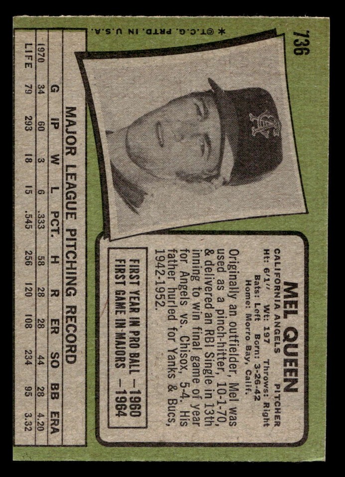 1971 Topps #736 Mel Queen Ex-Mint SP Angels High # | eBay