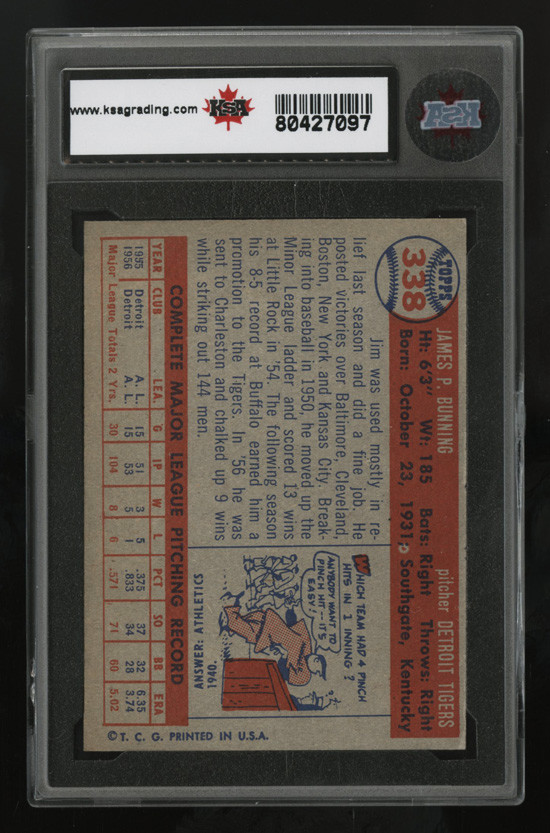 1957 TOPPS BASEBALL ~ #338 ~ JIM BUNNING ~ DETROIT TIGERS ~ KSA 8 ...