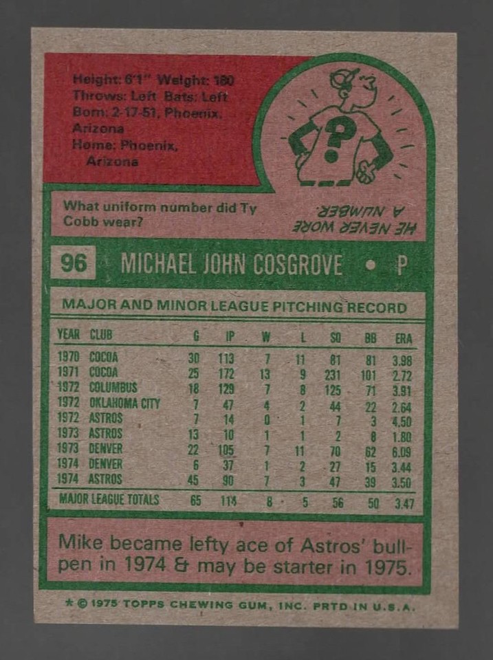 1975 Topps Mike Cosgrove Houston Astros #96 Excellent | eBay