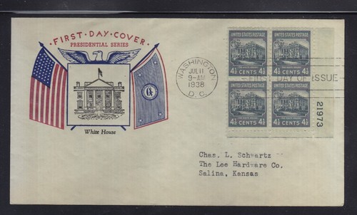 SCOTT 809 4 1/2 Cent WHITE HOUSE FIDELITY PLATE BLOCK FIRST DAY COVER ...