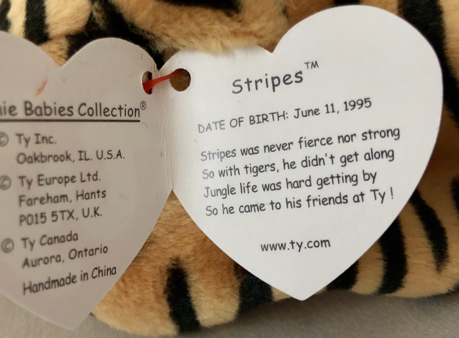 Stripes the Tiger Ty The Beanie Babies Collection DOB June 11, 1995 ...