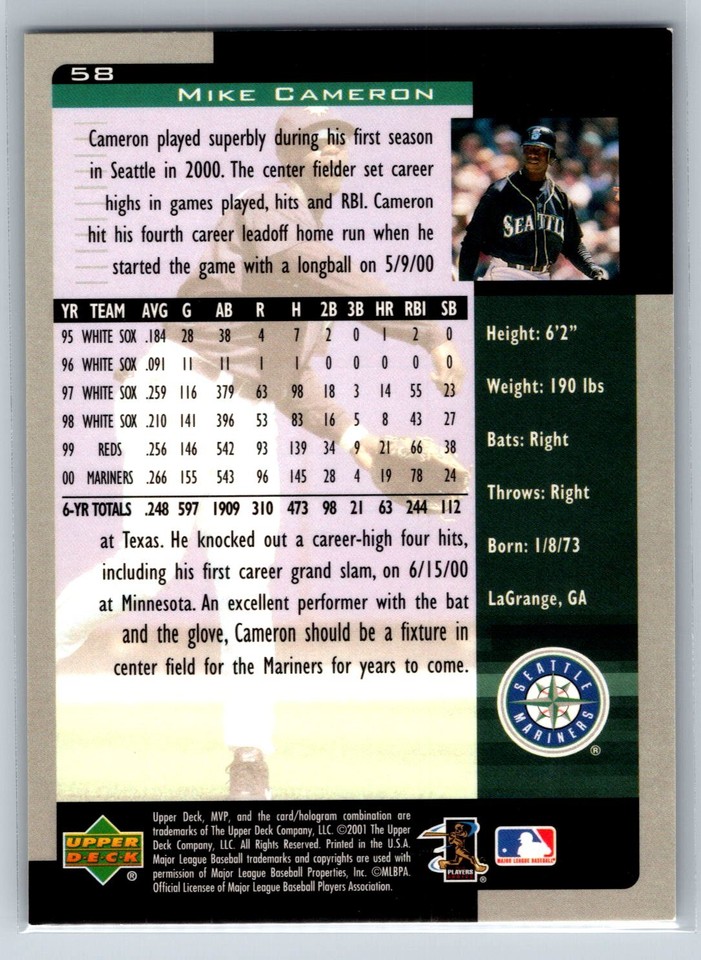 2001 Upper Deck MVP Mike Cameron Seattle Mariners #58 | eBay