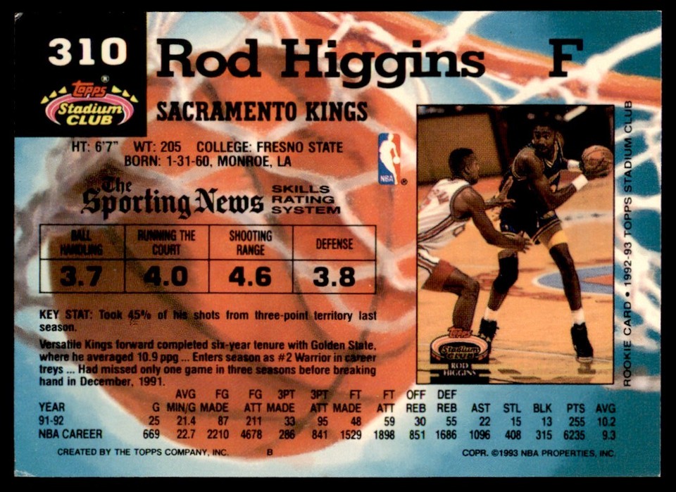 1992-93 Stadium Club Members Only #310 Rod Higgins Sacramento Kings | eBay