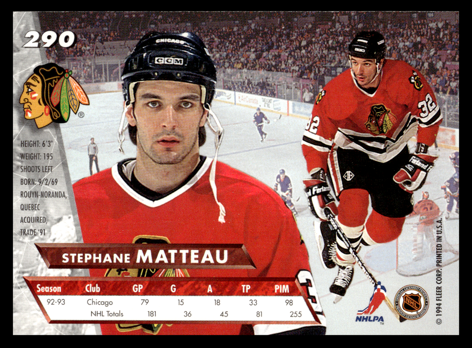 1993 Ultra Stephane Matteau #290 Chicago Blackhawks NHL Hockey | eBay