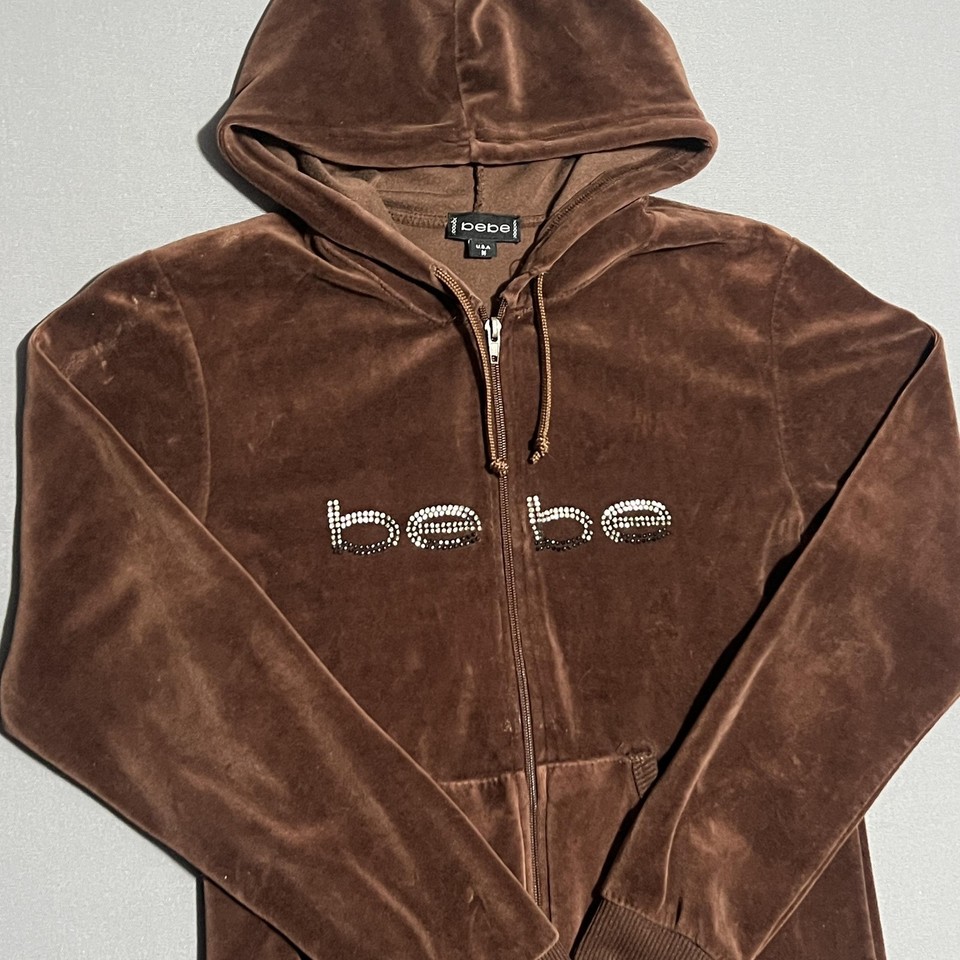 Bebe Hoodie Womens Medium Brown Velour Full Zip Rhinestone Logo USA ...