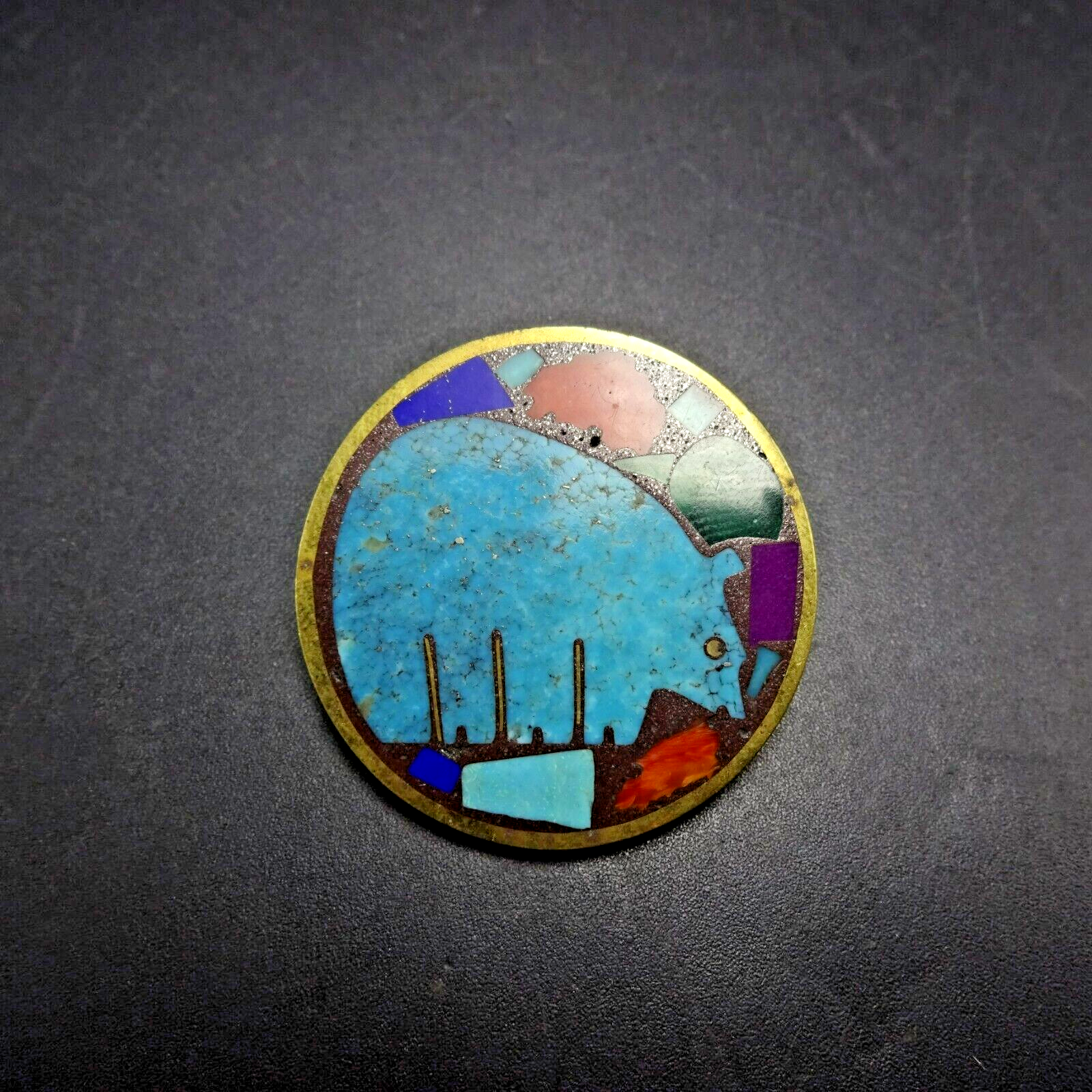 Andrew Shows & Turza Wells HAND CARVED BEAR INLAY PIN/BROOCH set in ...