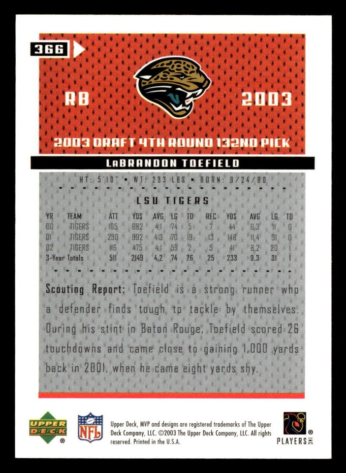 LaBrandon Toefield 2003 Upper Deck MVP Rookie Card #366 LSU Tigers | eBay