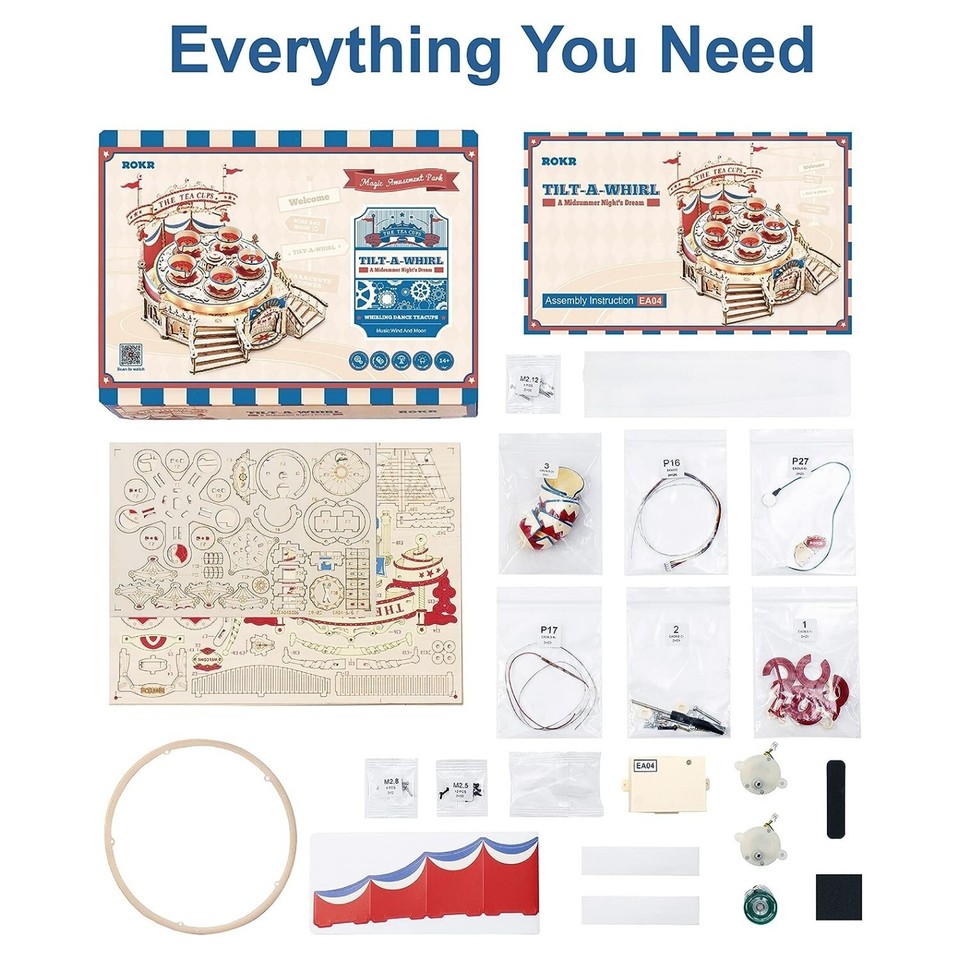 ROKR LED 3D Wooden Puzzle Rotating Tea Cup Music Box Model Kits Teens ...