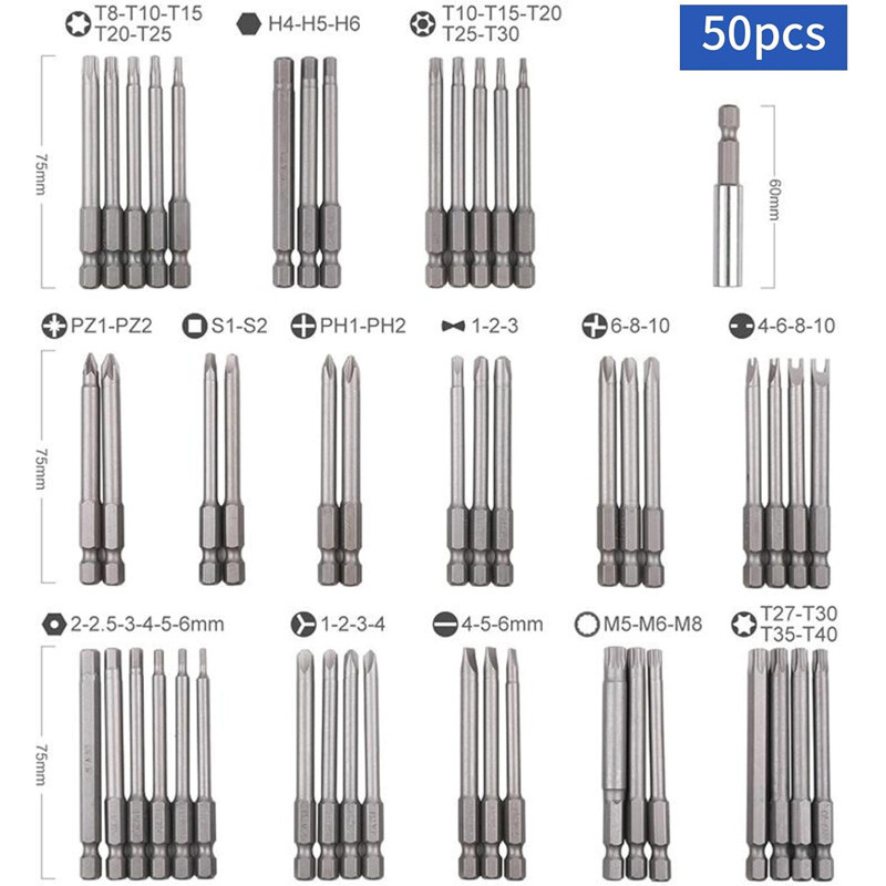 50Pcs Extra Long Screwdriver Bit Set Security Bits Hex Torx Slotted ...