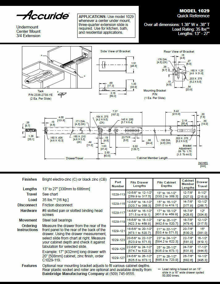 Accuride 1029 Series Center Undermount Drawer Slide 19" C1029-119 FREE ...