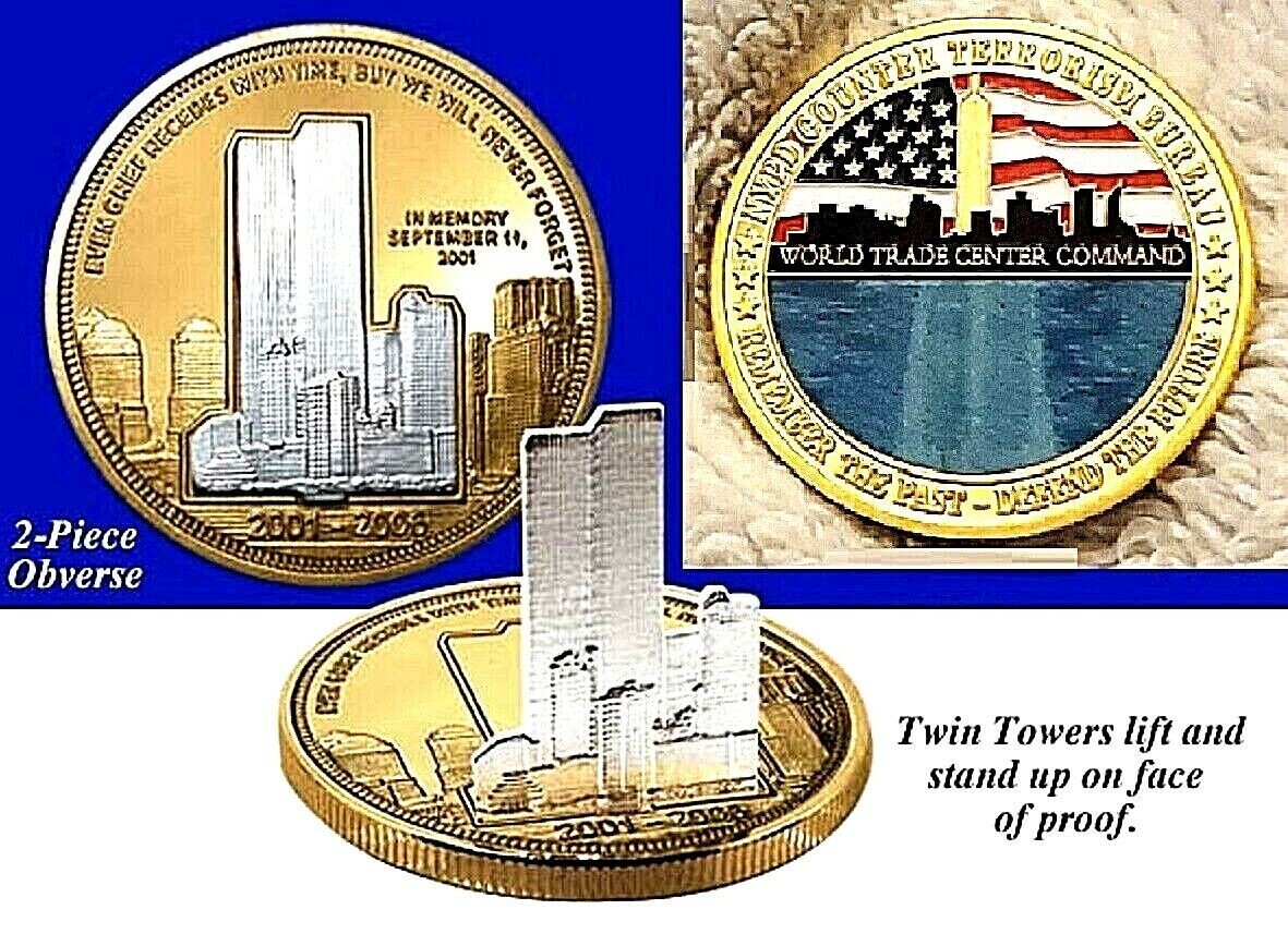9/11 Gold Silver 2 Piece 3D Coin Terrorism Attack Magnet Medal Unusual ...