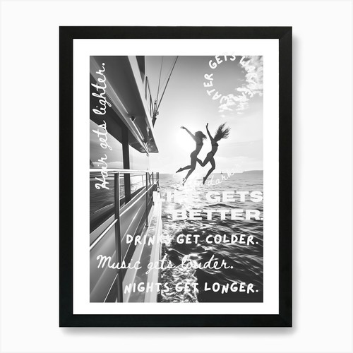 Two Girls Jumping Off A Boat Art Pr Framed Wall Art Poster Canvas Print ...