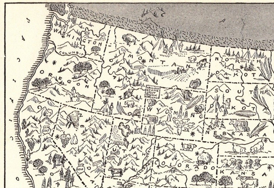 1950s Vintage United States Map Animated United States Picture Map BW ...