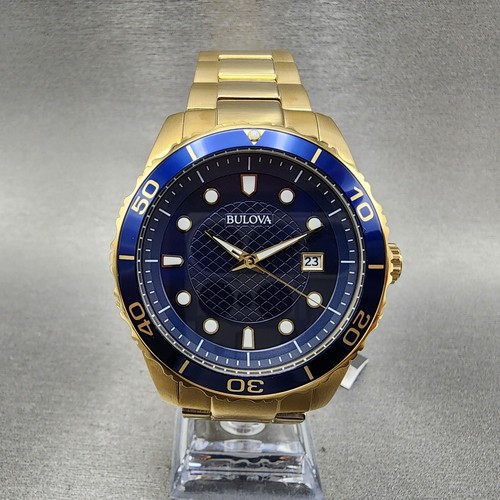Bulova Dive Watch Men 43mm Blue Dial Gold Tone Date Round 98A197 Round ...