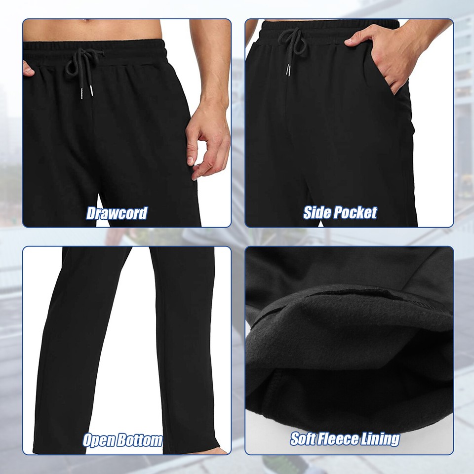 Men's Open Bottom Pants Sweatpants Joggers Gym Workout Fleece Line with ...