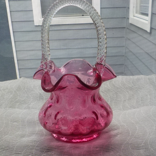 Fenton Inverted Thumb Deep Cranberry Glass Ruffled Edge Basked Reed ...