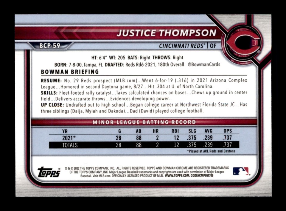 2022 1st Bowman Chrome #BCP-59 Justice Thompson Cincinnati Reds ...
